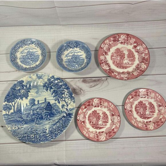 Dining | Vintage English Countryside Transferware Dish Set Blue Red ...